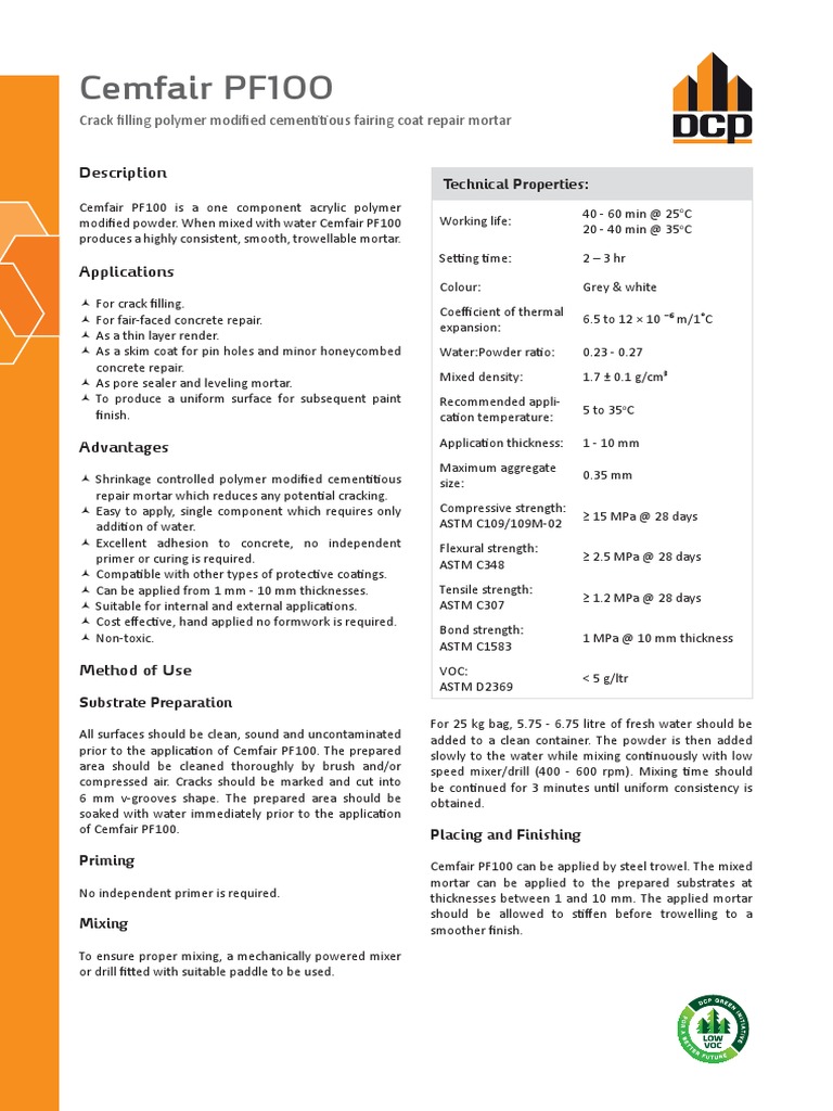 Cemfair PF100 | PDF | Mortar (Masonry) | Concrete