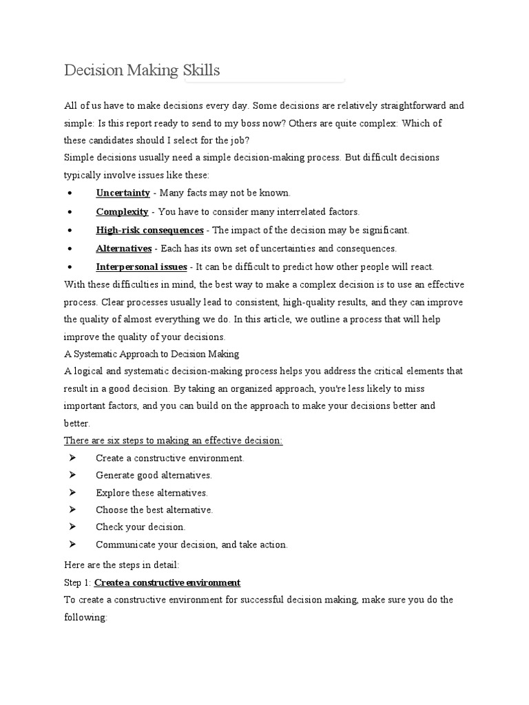 Decision Making Skills | PDF | Risk | Decision Making