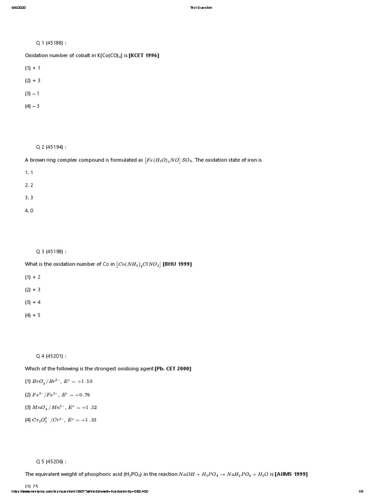 Redox Reactions Mini Questions | Download Free PDF | Redox | Chemical ...