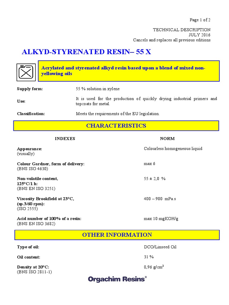 TDS Alkyd-Styrenated Resin-55 X EN | PDF | Materials | Industrial Processes