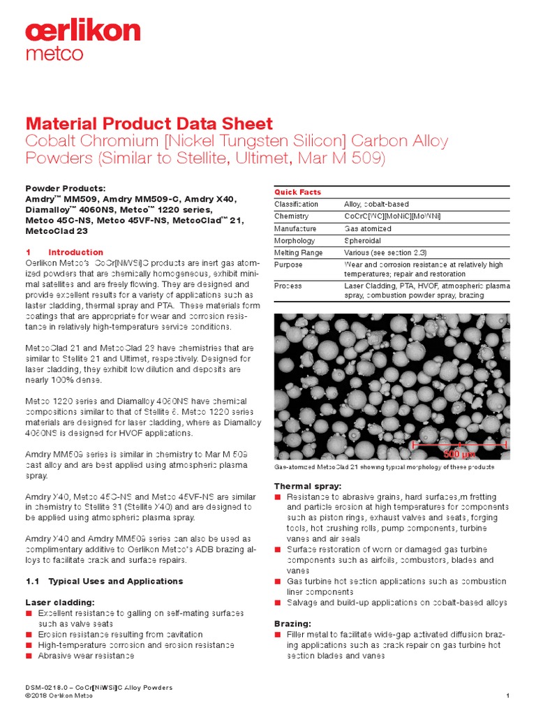 Material Product Data Sheet Cobalt Chromium (Nickel Tungsten Silicon ...