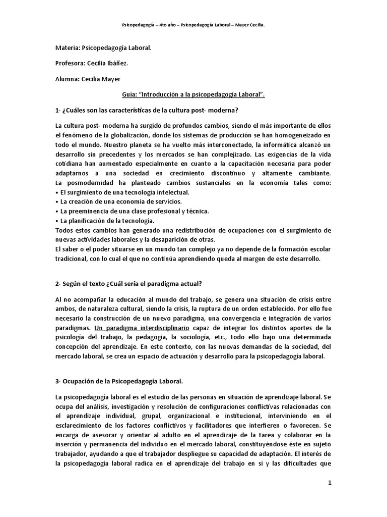 Guía Introduccion A La Psicopedagogia Laboral | PDF | Aprendizaje | Sicología
