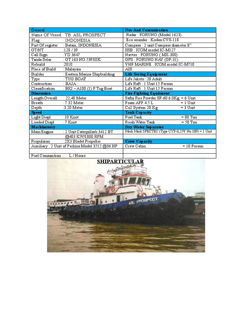 Tug Boat Specifications Guide | PDF | Computers