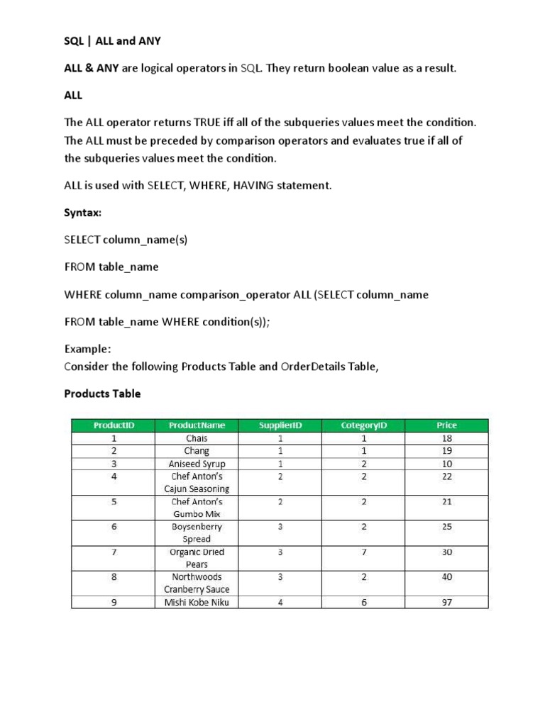 SQL ALL, ANY, EXISTS Overview | PDF | If And Only If | Boolean Data Type