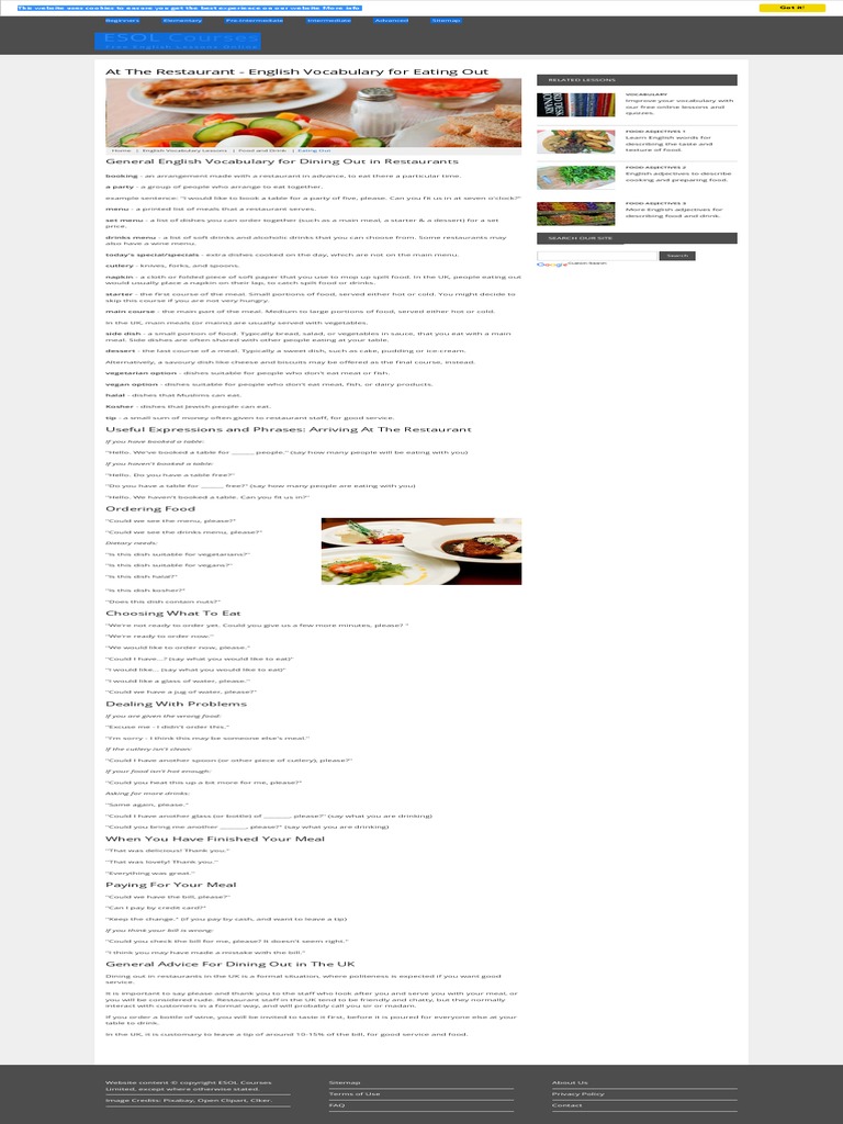 At The Restaurant - English Vocabulary For Eating Out and Ordering Food ...