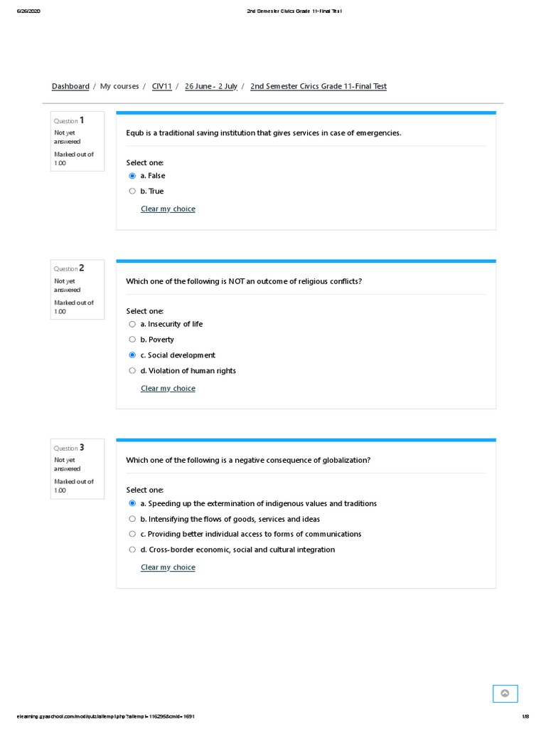 2nd Semester Civics Grade 11-Final Test | PDF | Globalization | Citizenship