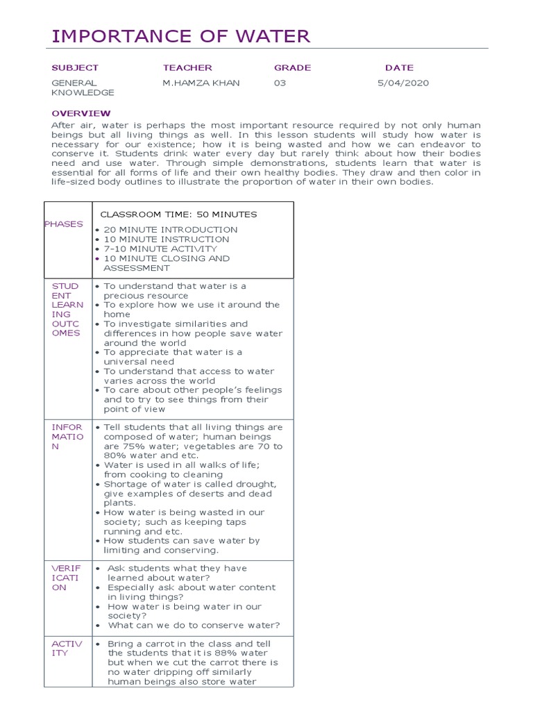 IMPORTANCE OF WATER Lesson Plan Hamza Ma Edu Sem 2 | PDF | Lesson Plan ...