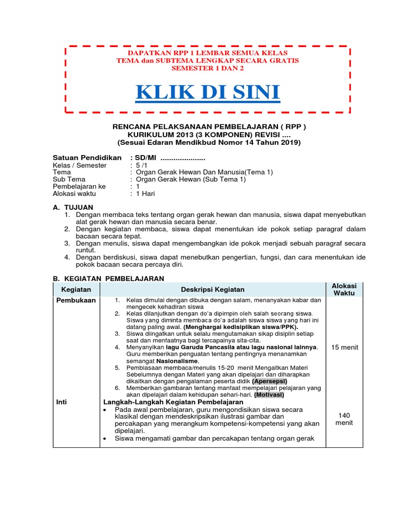 RPP 1 Lembar Kelas 5 Semester 1 Dan 2 Revisi Terbaru | PDF
