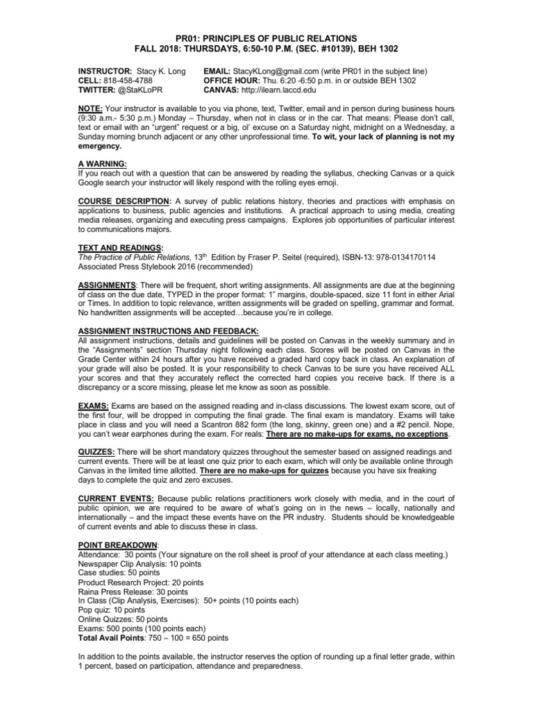 Public Relations Course Syllabus 2018 | PDF | Plagiarism | Quiz