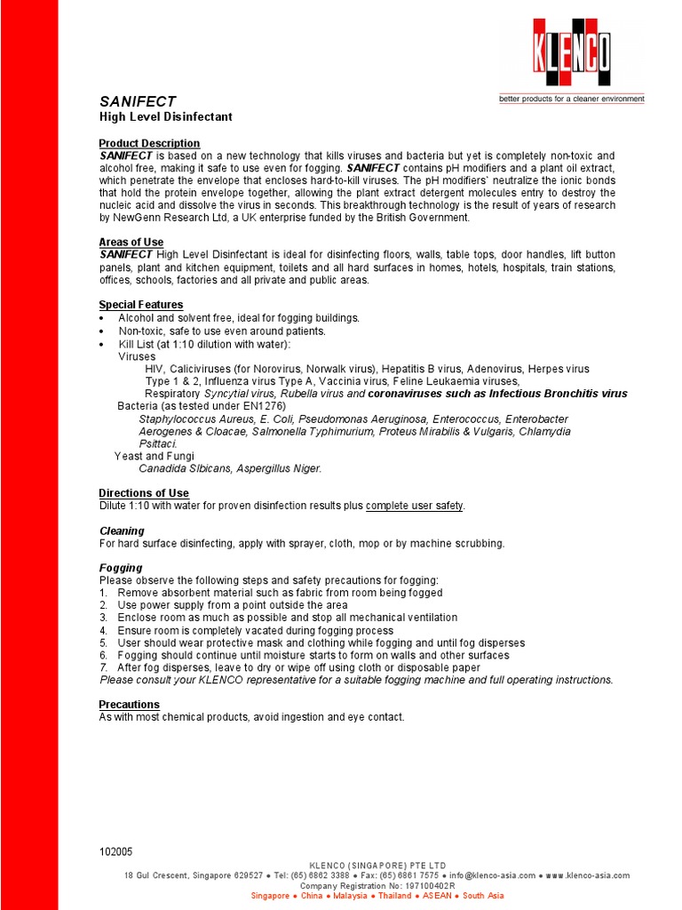 SANIFECT - High Level Disinfectant | PDF | Disinfectant | Virus
