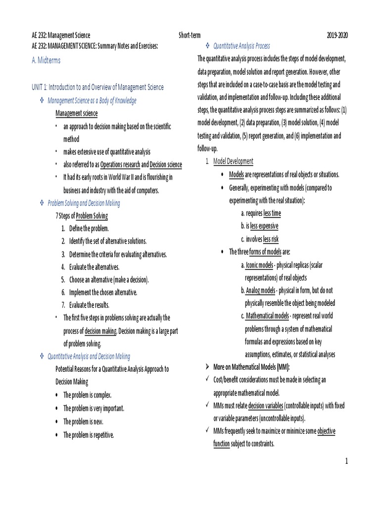 Management Science Overview and Notes | PDF | Mathematical Model ...