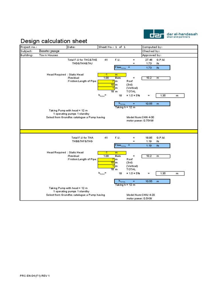 Design Calculation Sheet: Booster Pumps | PDF | Gas Technologies ...