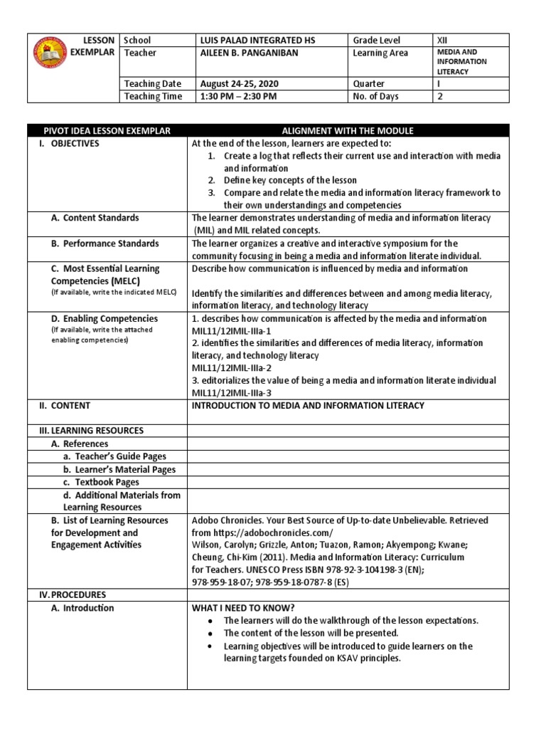 Pivot Idea Lesson Exemplar Alignment With The Module: (If Available ...