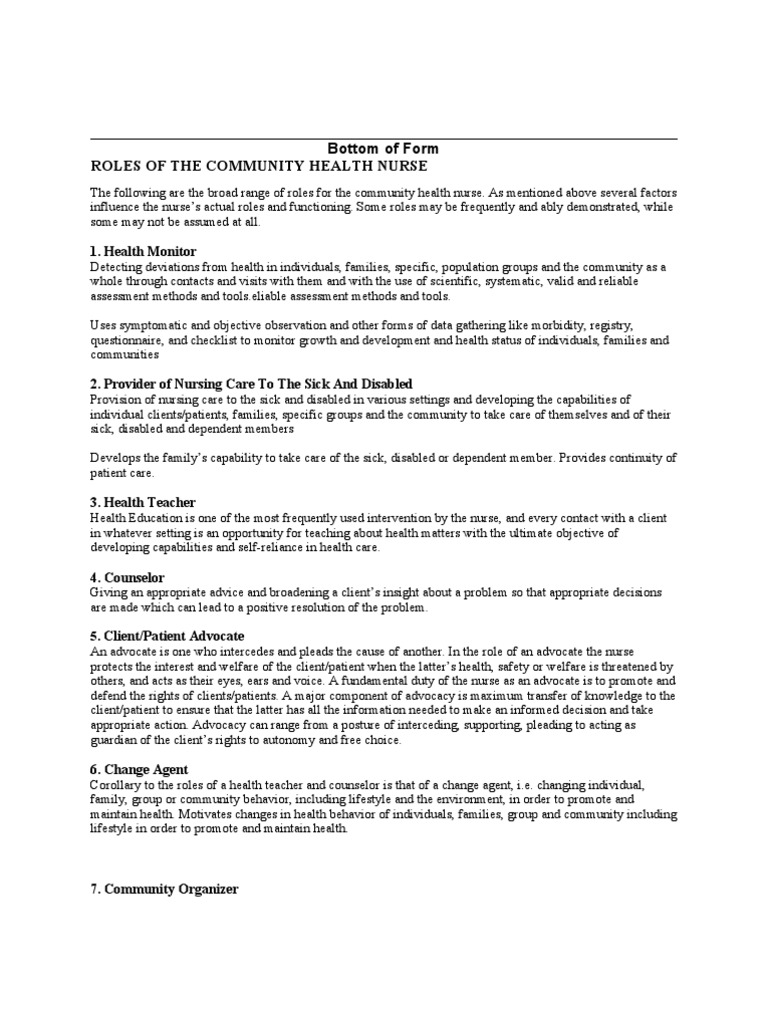 Roles of The Community Health Nurse | PDF | Nursing | Health Professional
