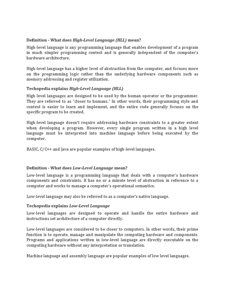 Definition - What Does High-Level Language (HLL) Mean? | PDF