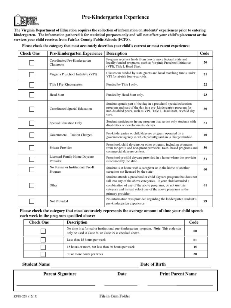 Pre-Kindergarten Experience Survey Form | PDF | Pre Kindergarten ...