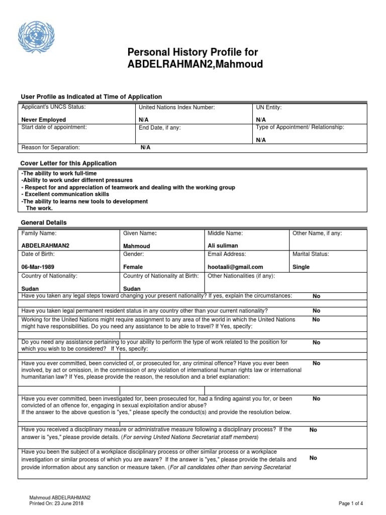Personal History Profile For ABDELRAHMAN2, Mahmoud: User Profile As ...