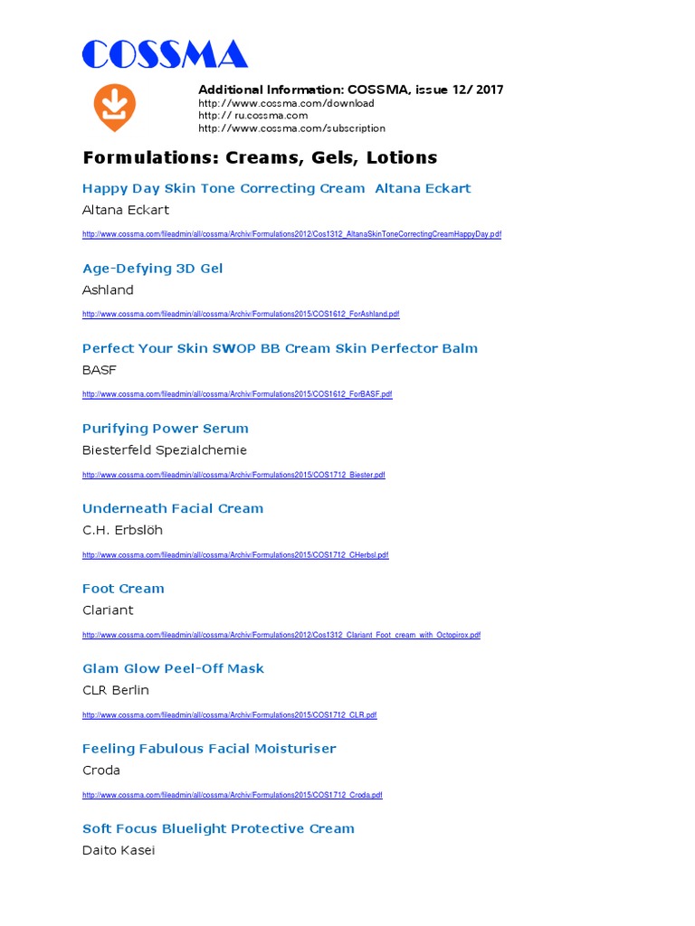 Formulations: Creams, Gels, Lotions: Additional Information: COSSMA ...