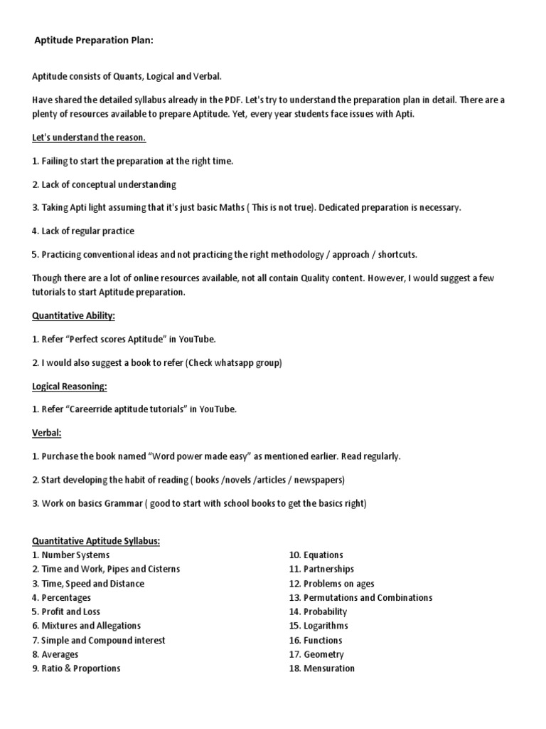 Aptitude Preparation Plan | PDF | Reason | Cognition