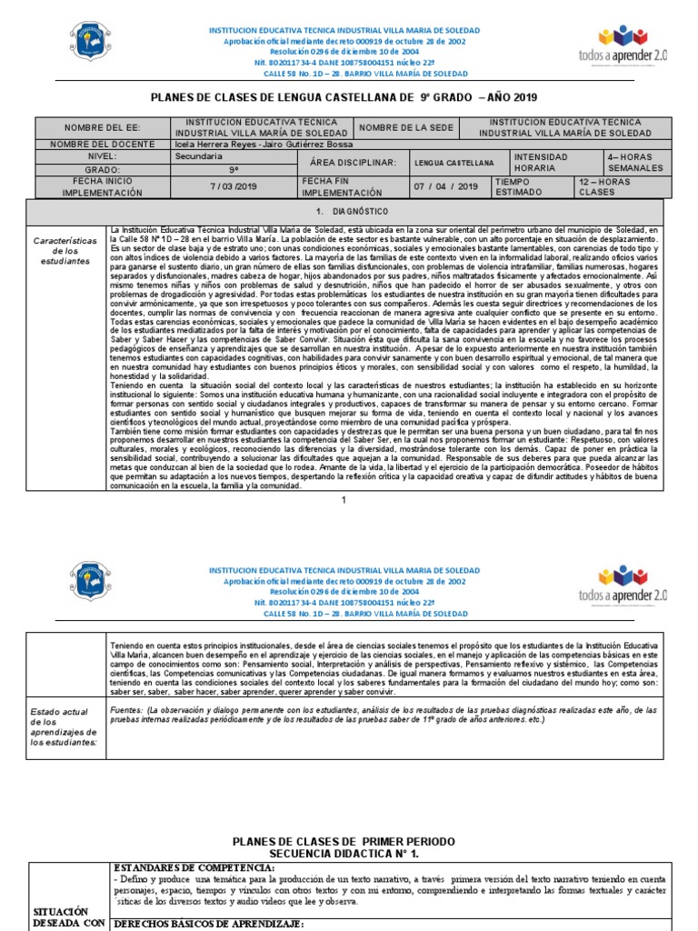 PLAN DE CLASES LENGUA CASTELLANA 9º - 2019 Estilos Narrativos | PDF | Salón de clases | Aprendizaje