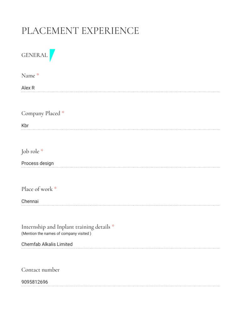 Placement Experience: General Name | PDF