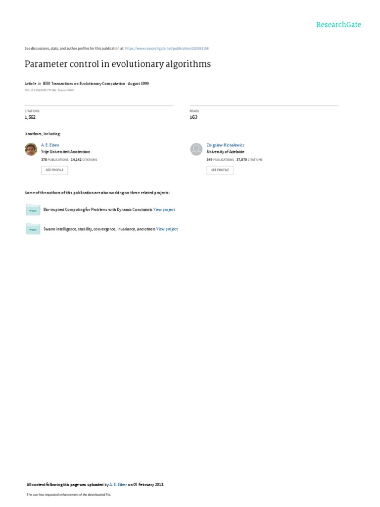 Parameter Control In Evolutionary Algorithms Ieee Transactions On Evolutionary Computation