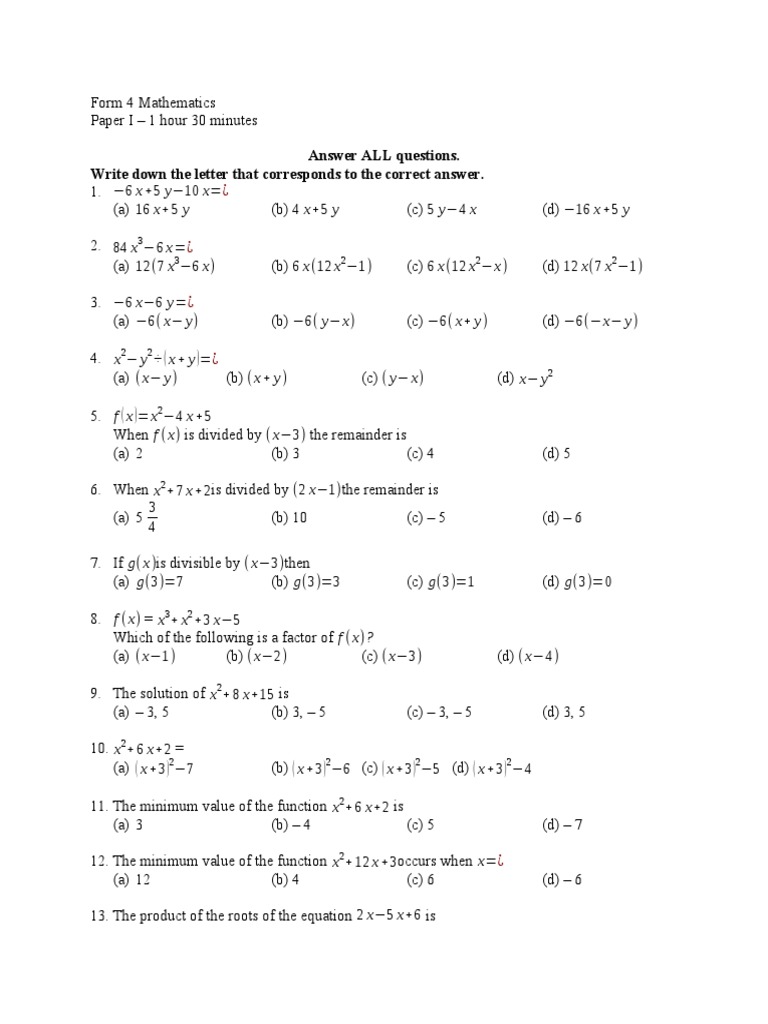 Answer ALL Questions. Write Down The Letter That Corresponds To The ...