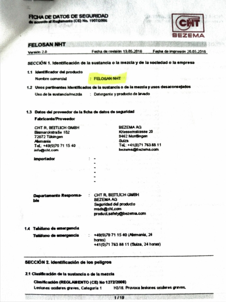 MSDS - Felosan NHT - 2016 | PDF