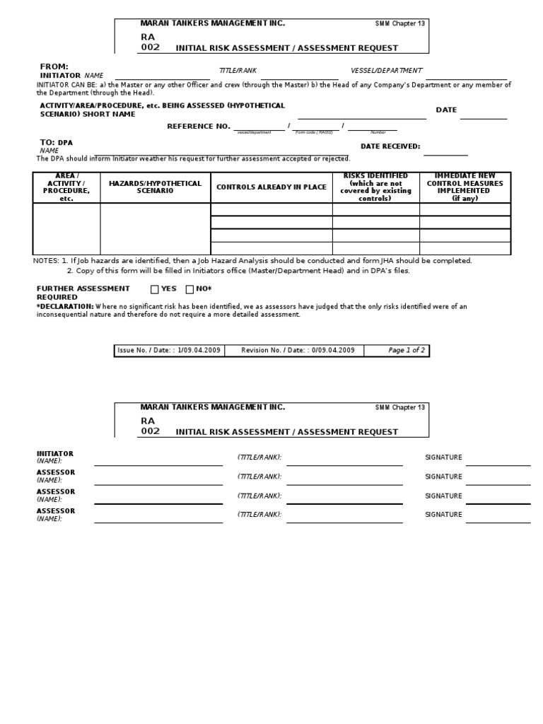 Initial Risk Assessment Form RA002 | PDF | Risk Assessment | Risk