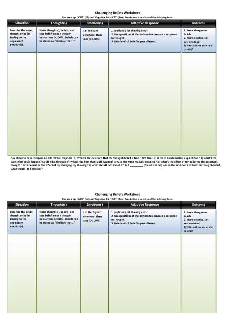 Challenging Beliefs Worksheet Guide | PDF | Cognitive Behavioral ...