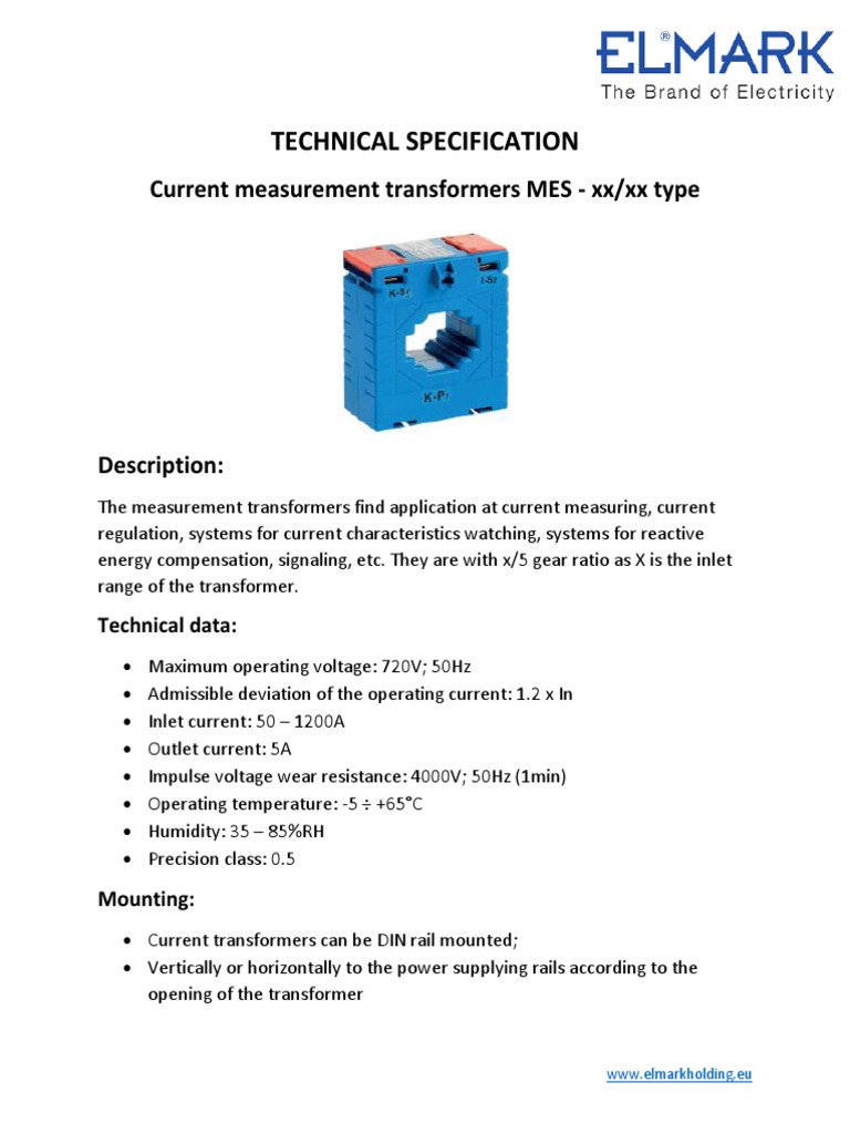 Technical Specification: Current Measurement Transformers MES - XX/XX ...