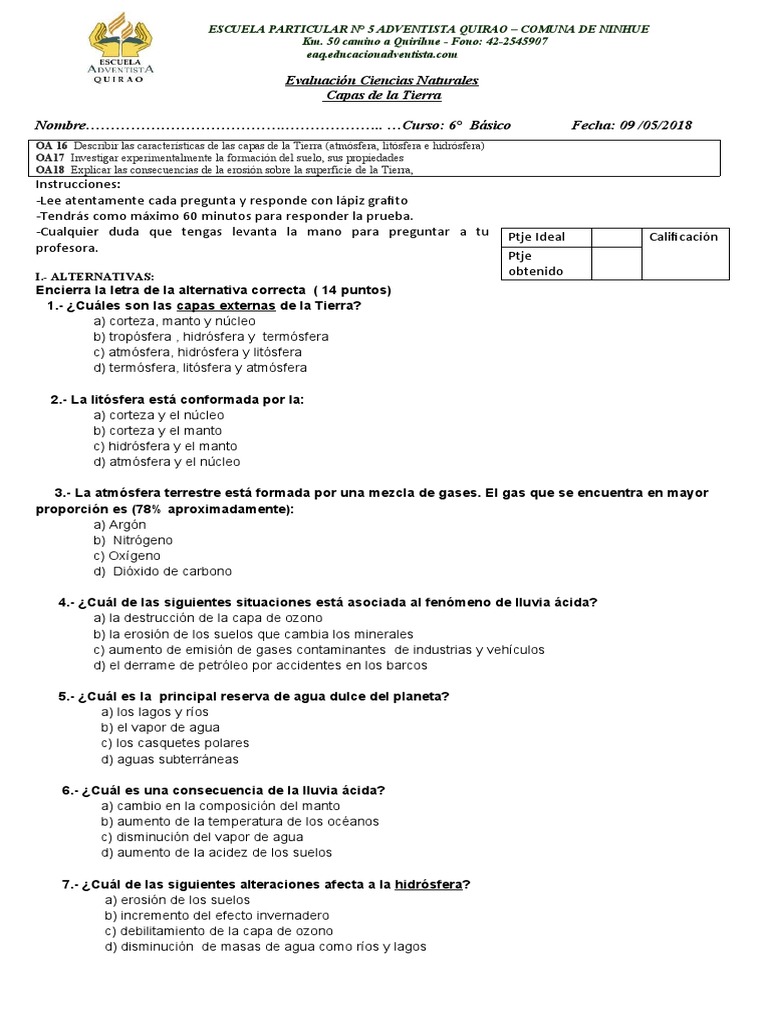 Evaluación 6 Capas de La Tierra | PDF | Tierra | Agua