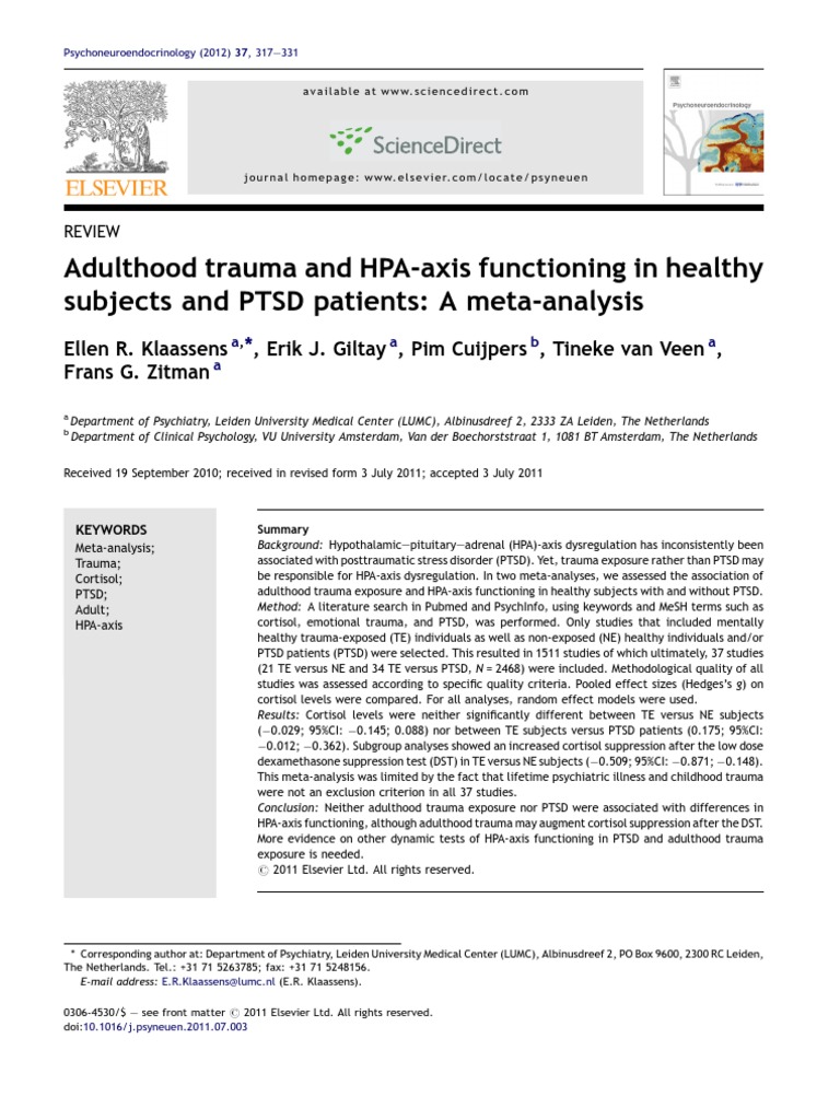 Adulthood Trauma and HPA-axis Functioning in Healthy Subjects and PTSD ...