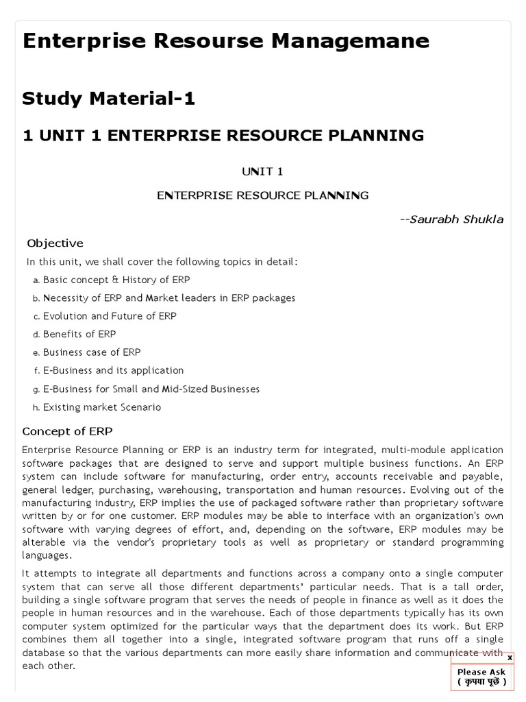 Study Material-1 - UNIT 1 ENTERPRISE RESOURCE PLANNING | PDF | Electronic Business | Enterprise ...