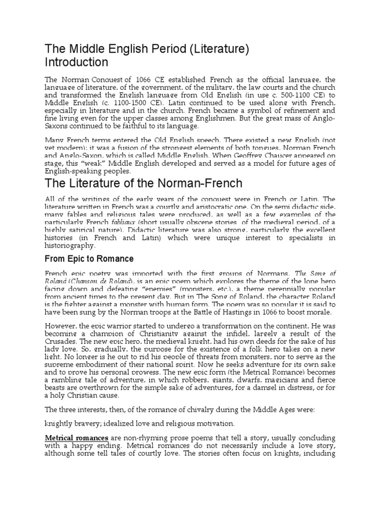The Middle English Period Literature | PDF | King Arthur | Chivalric ...