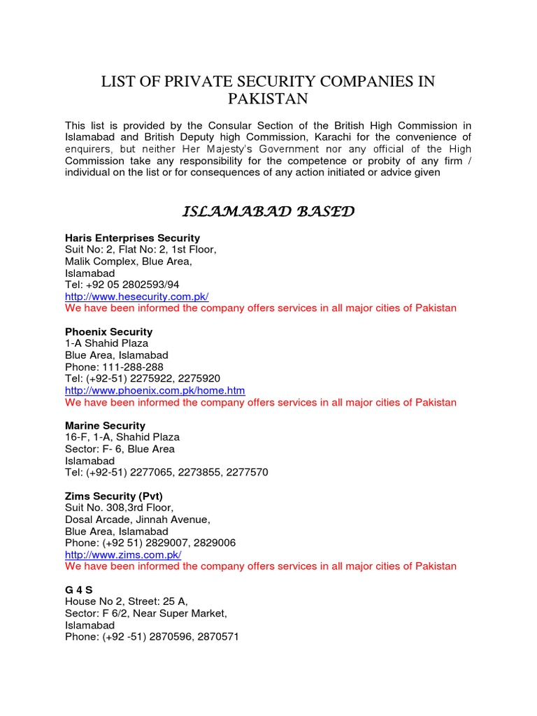 List of Private Security Companies in Pakistan: Islamabad Based | PDF ...