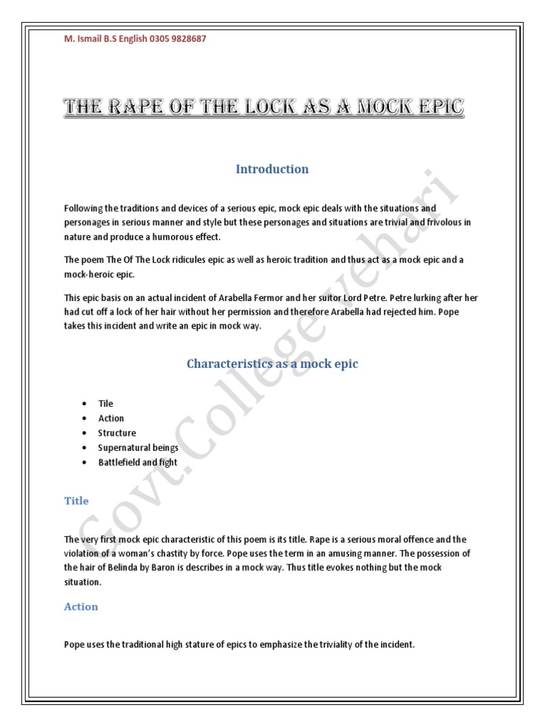 The Rape of The Lock As A Mock Epic-1 PDF | PDF | Trojan War | Unrest