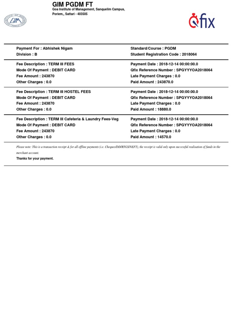 Qfix Payment Consolidated Fee Receipt | PDF | Finance & Money Management
