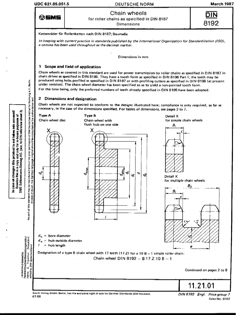 DIN 8192-1987, Chain Wheels For Roller Chains As Specified in DIN 8187 | PDF