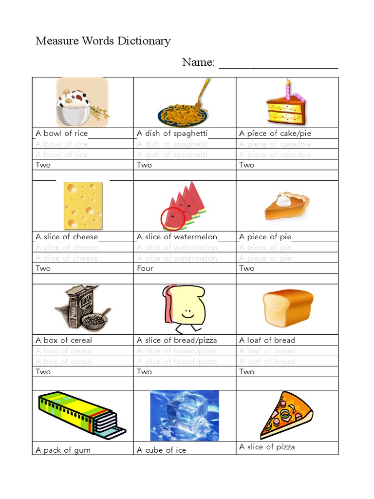 Measure Words Dictionary Name: - : A Bowl of Rice A Dish of Spaghetti A ...