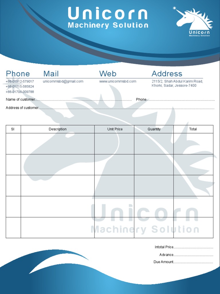 Unicorn Solution Machinery Invoice | PDF