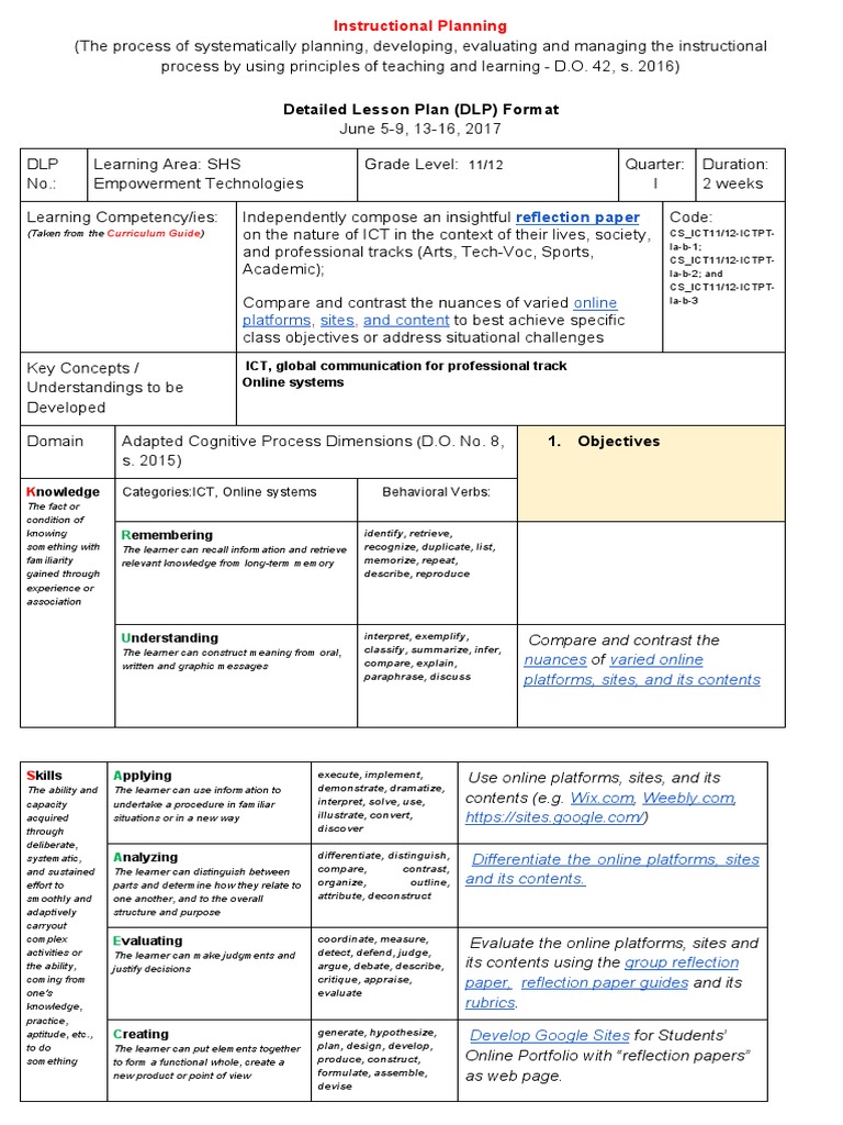 Detailed Lesson Plan (DLP) Format: Online Platforms Sites and Content ...