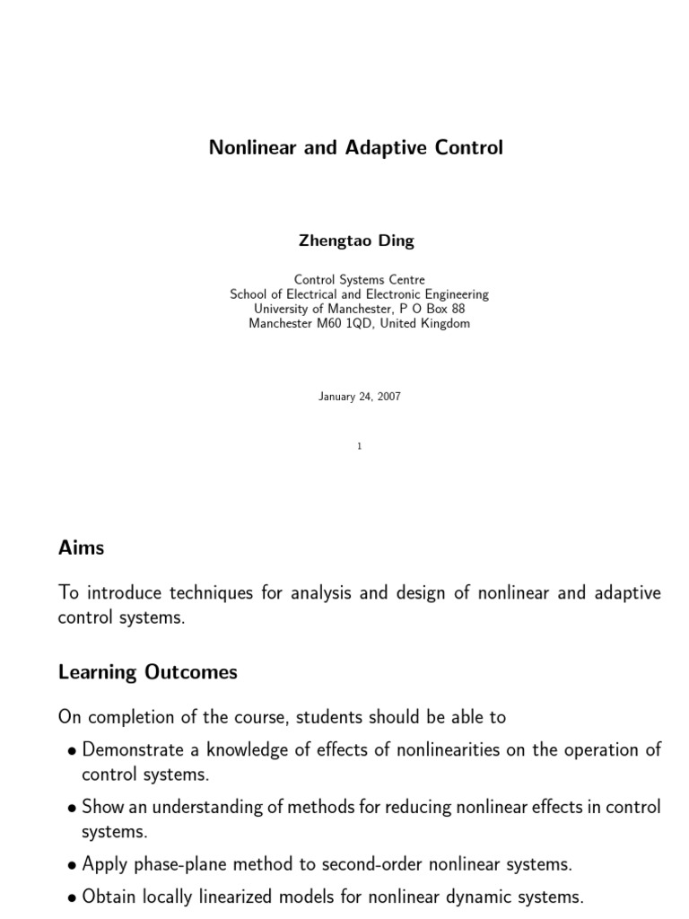 Nonlinear and Adaptive Control: Zhengtao Ding | PDF | Stability Theory ...