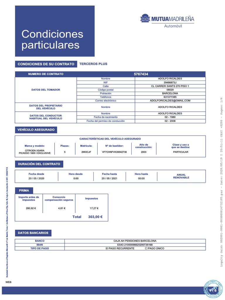 Condiciones Particulares PDF | PDF | Póliza de seguros | Seguro