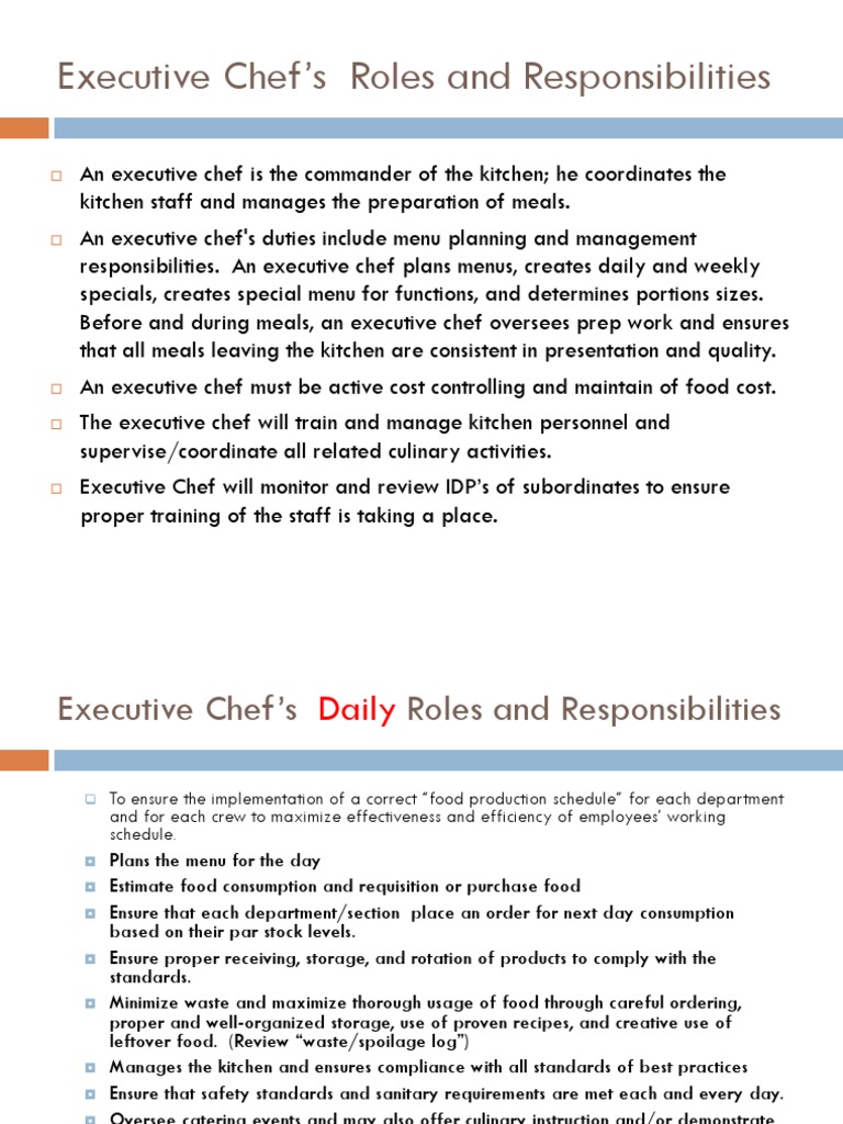 Executive Chef's Roles and Responsibilities | PDF | Chef | Inventory