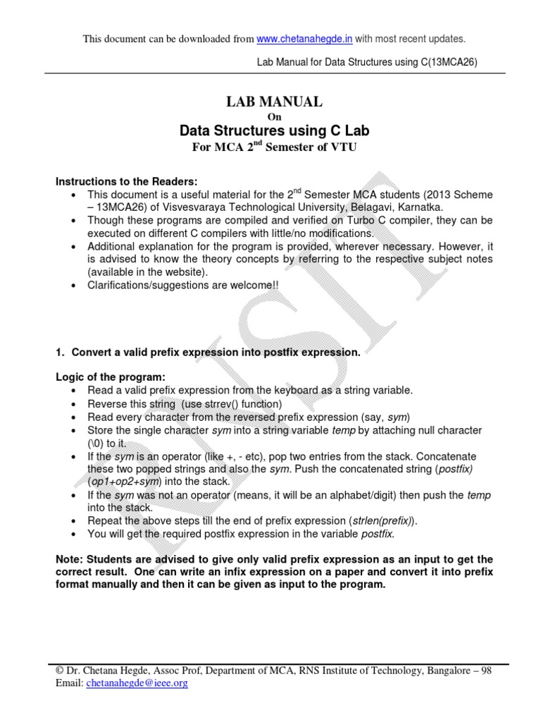 Lab Manual Data Structures Using C Lab: For MCA 2 Semester of VTU | PDF ...