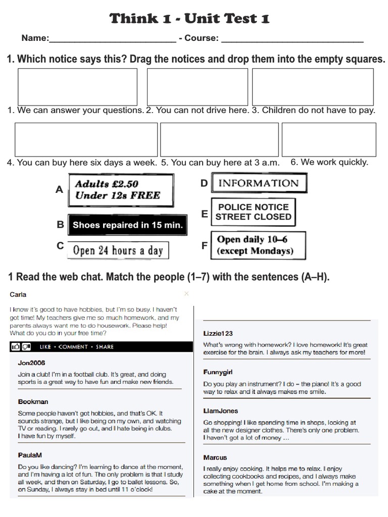 Think 1 - Unit Test 1: 1. Which Notice Says This? Drag The Notices and ...