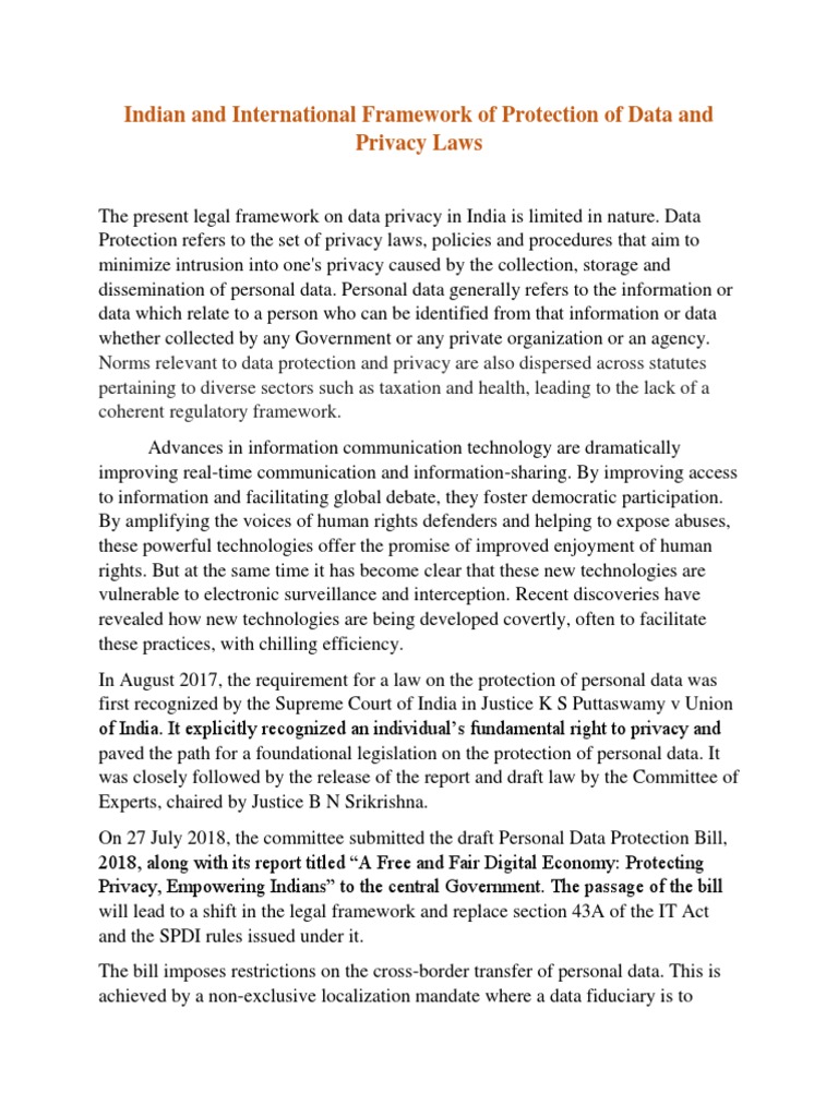 Indian and International Framework of Protection of Data and Privacy ...