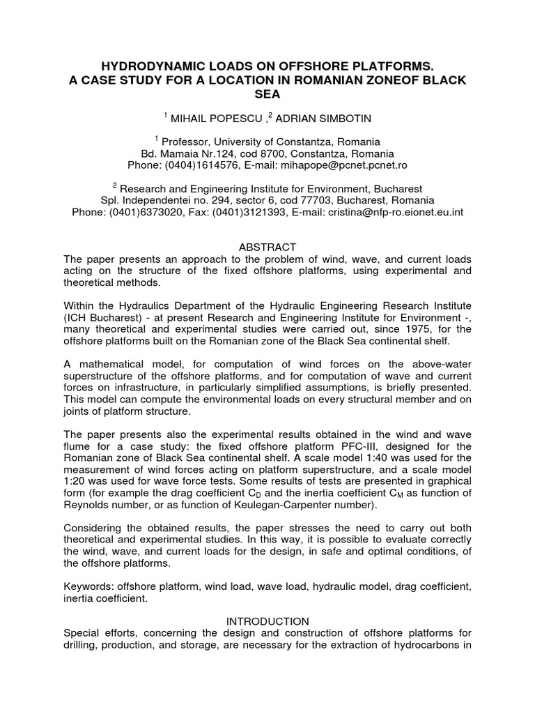 Hydrodynamic Loads On Offshore Platforms. A Case Study For A Location ...