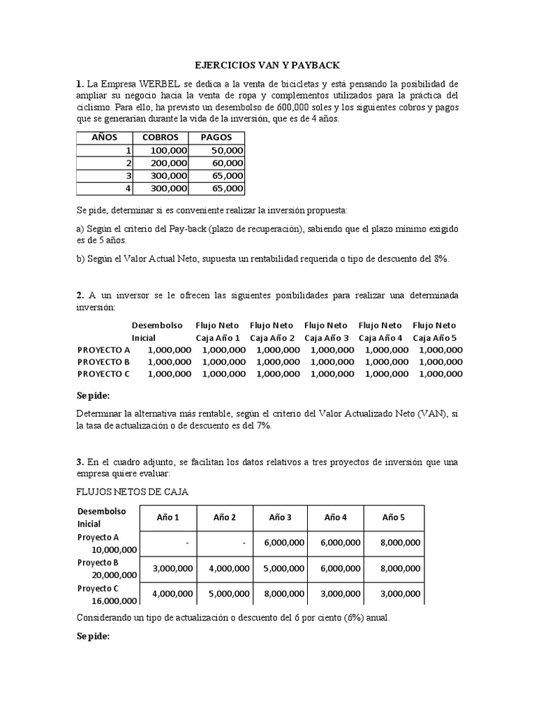 Ejercicio Van Tir Payback - U.cesar Vallejo | PDF | Valor presente neto | Economía Financiera